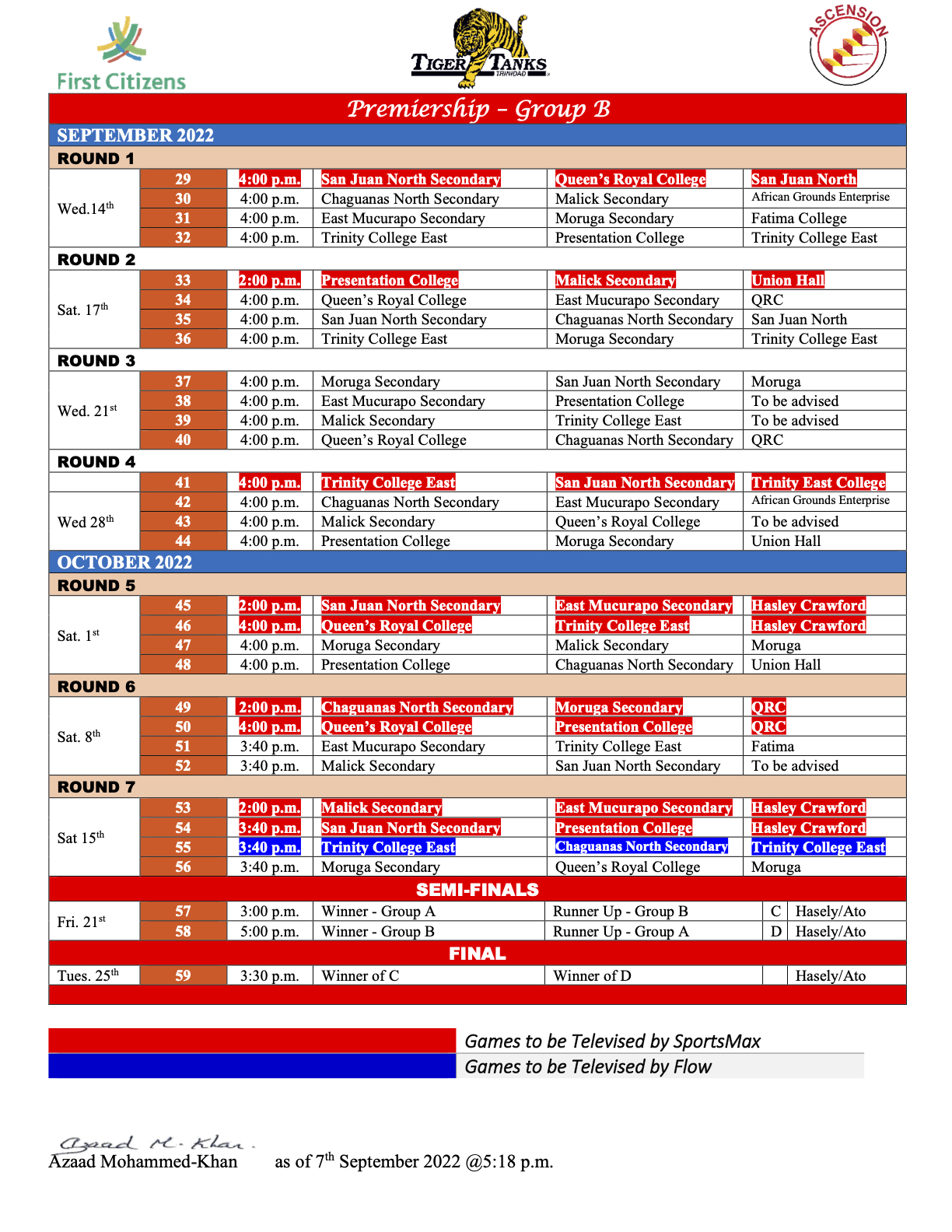 Premiership Fixtures 2022